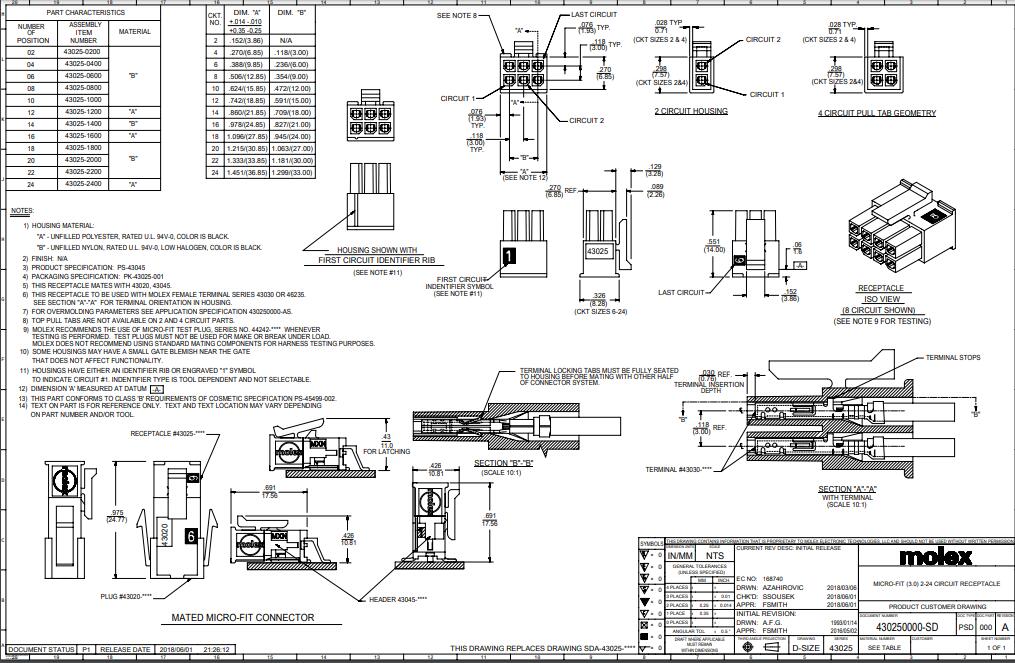 43025-0800 Micro-Fit 3.0 Receptacle Housing Dual Row: Drawing, Datasheet, and Equivalents